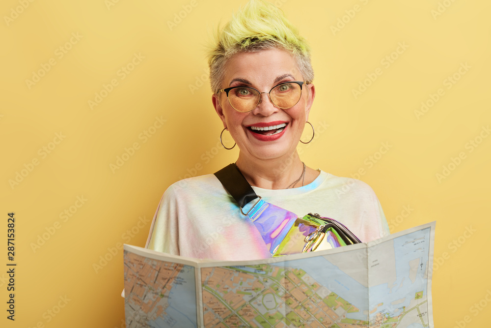 glamour teacher of Geography lesson, close up portrait, isolated yellow ...