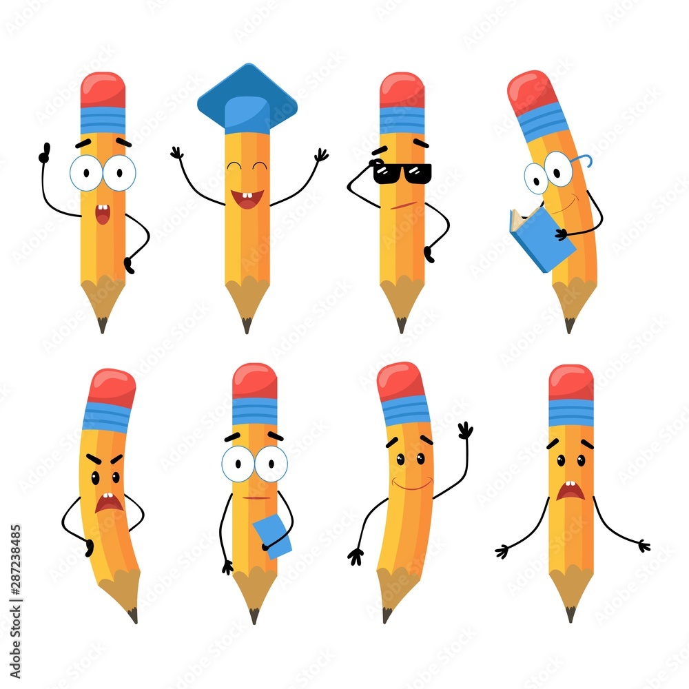 Cute pencil characters with different emotions set vector illustration ...