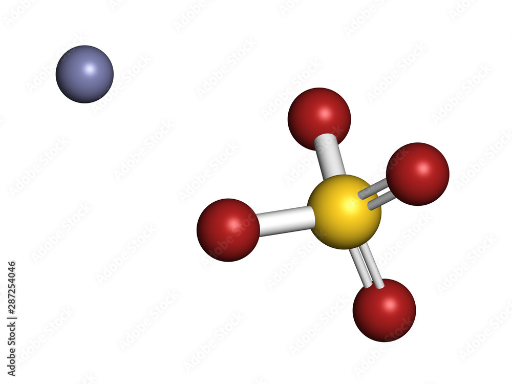 Zinc sulfate, chemical structure. 3D rendering. Atoms are represented ...