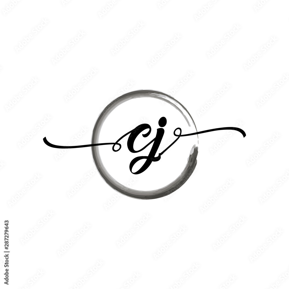 CJ initial handwriting logo template, round logo in watercolor color ...