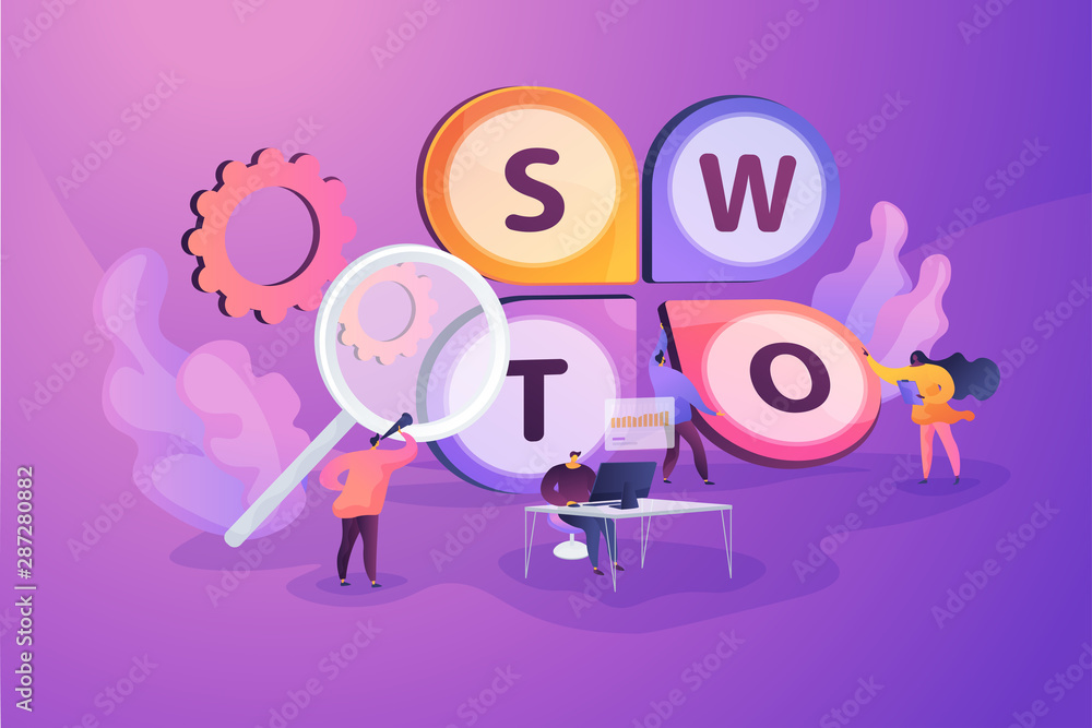 Vector De Stock Tiny Business People Using SWOT Technique For Planning