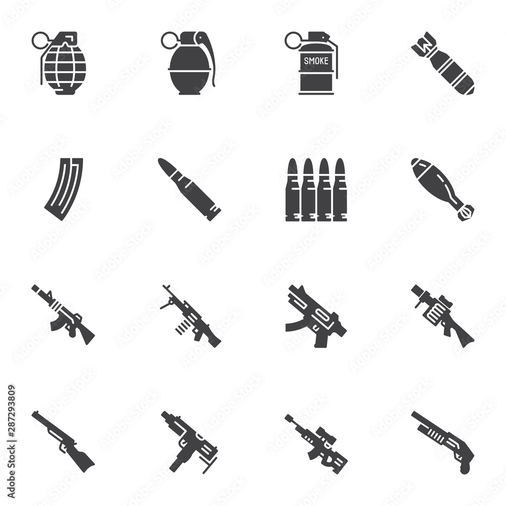 Gun weapon vector icons set, modern solid symbol collection filled ...
