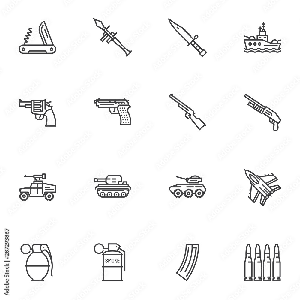 Weapons and ammunition line icons set. linear style symbols collection ...