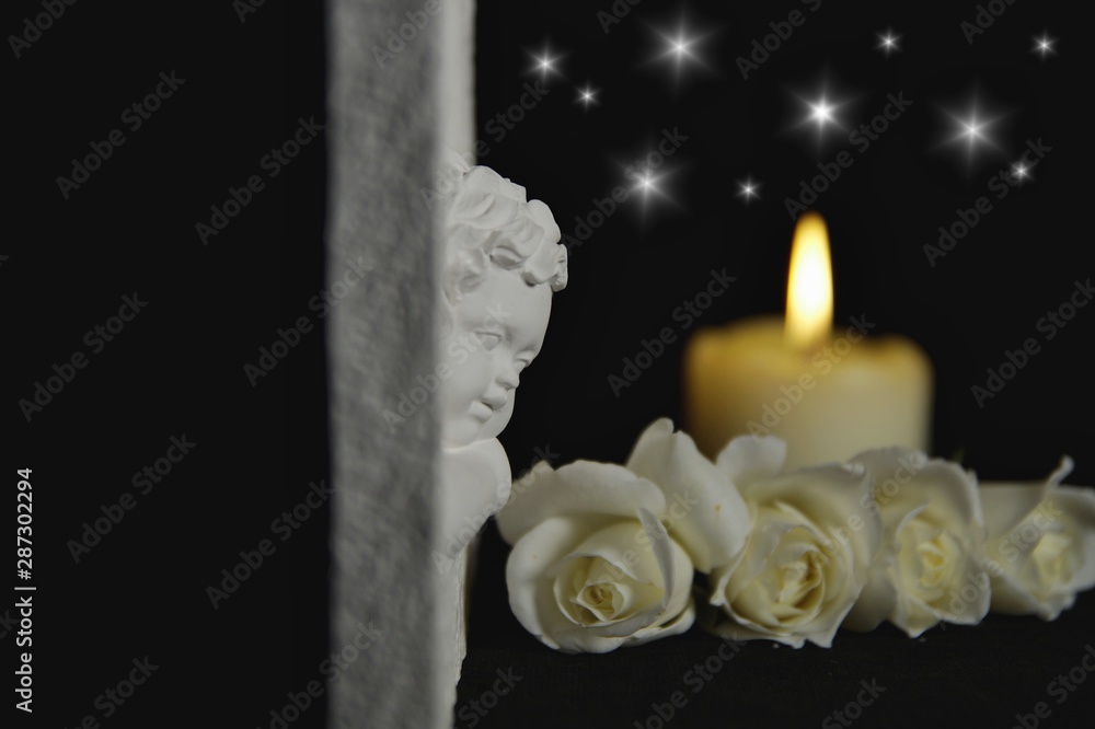 Guardian angel, Beautiful White roses and bright stars with a burning ...