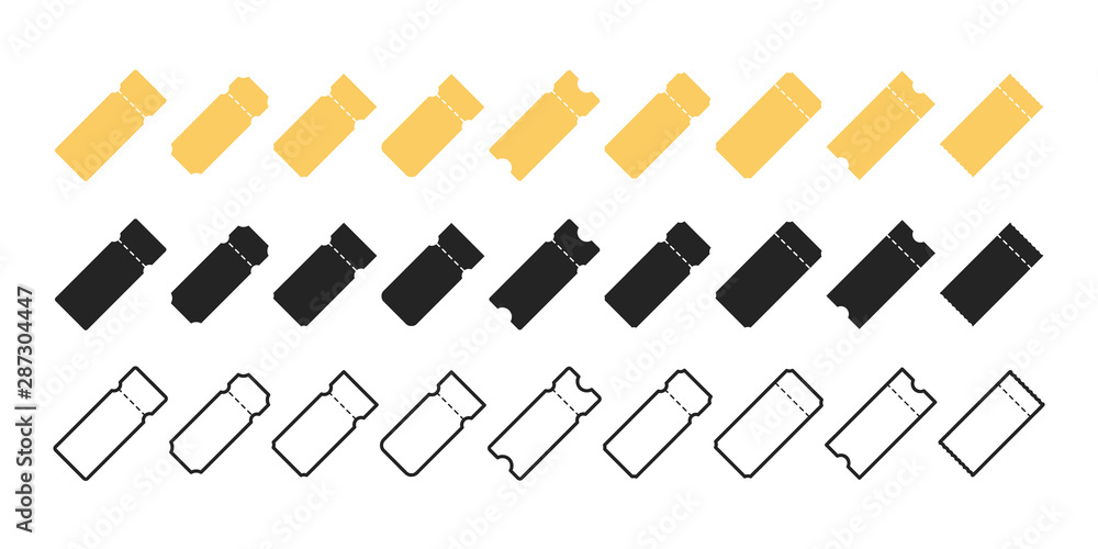 Set of blank Tickets icons. Movie ticket icons. Airplane, train, bus ...