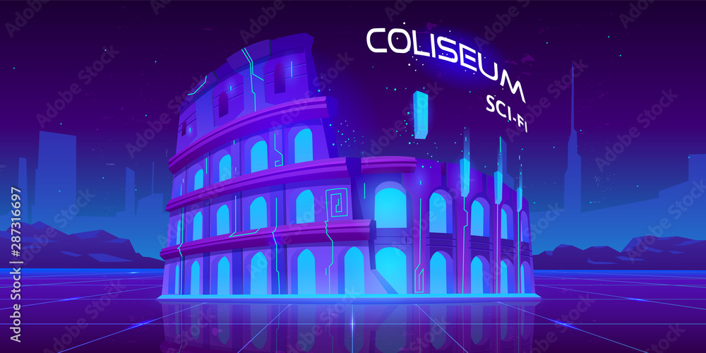 Neon Coliseum on retro sci-fi glowing background in futuristic synth ...