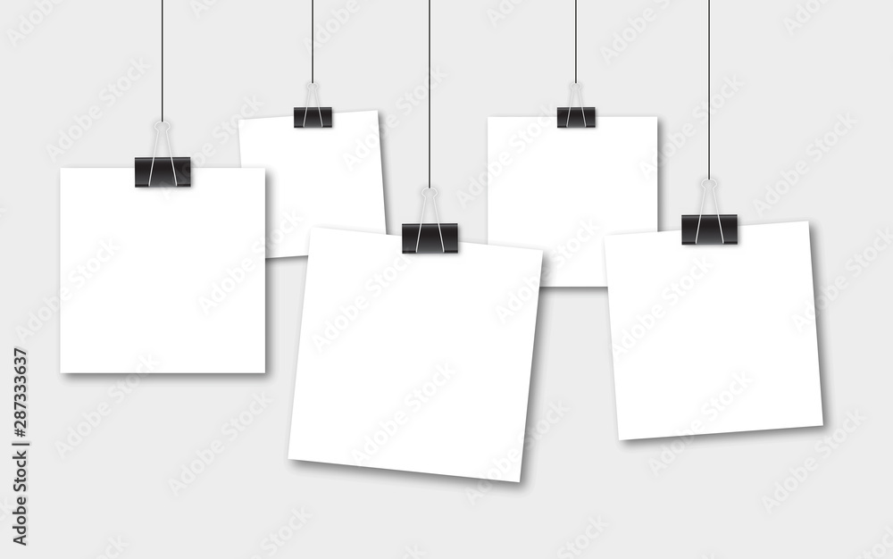 Posters on binder clips. White notepad paper templates. Realistic ...