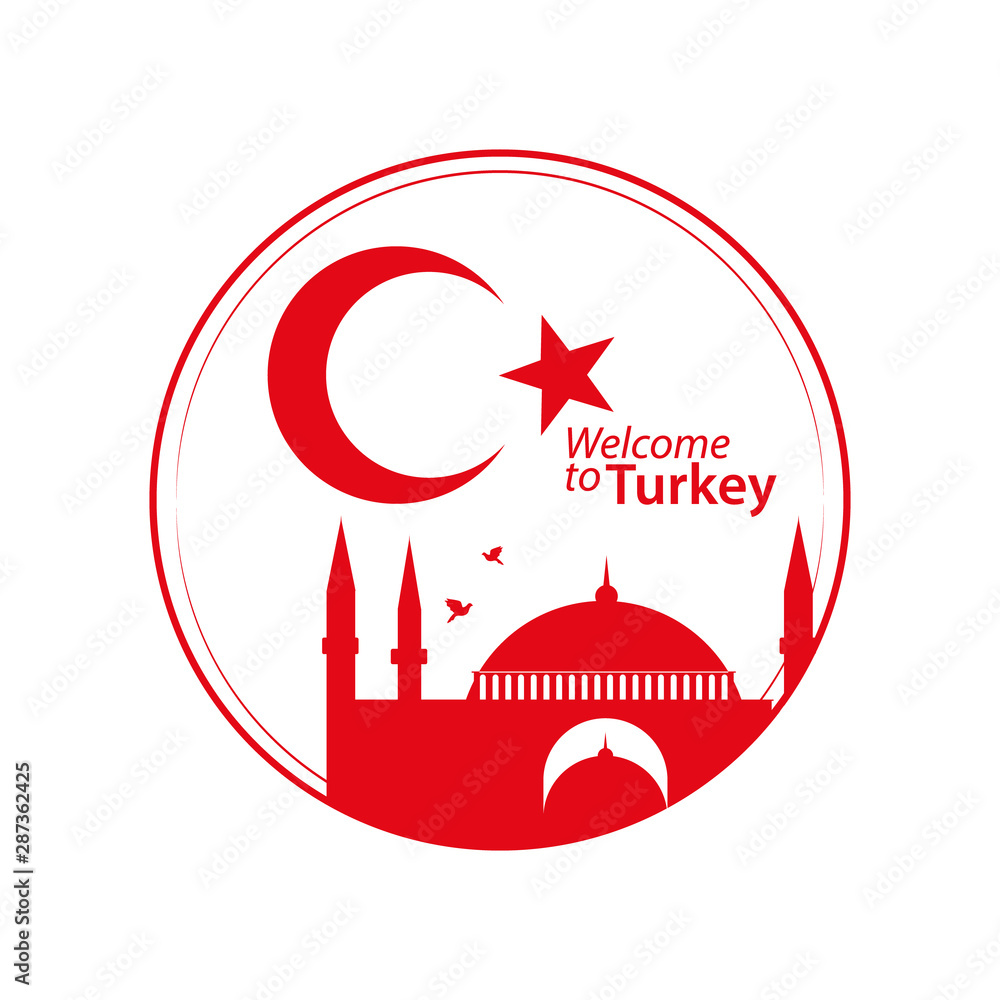 Traditional Turkey symbols, red crescent moon, star and Hagia Sophia ...