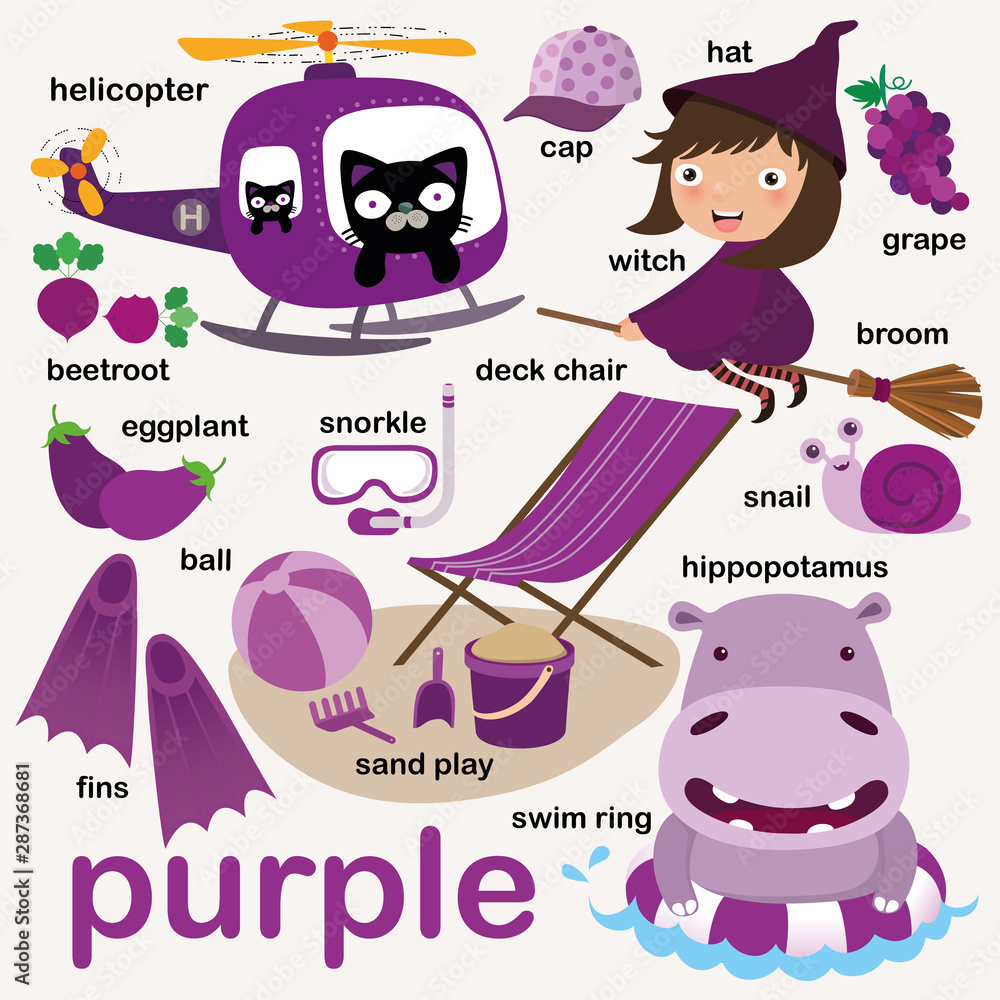 Learn purple color, Educate color and vocabulary set, Illustration of ...