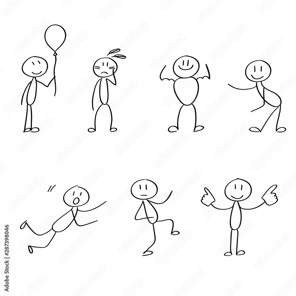 Set of funny stick figures in playful poses and funny happy emotions ...