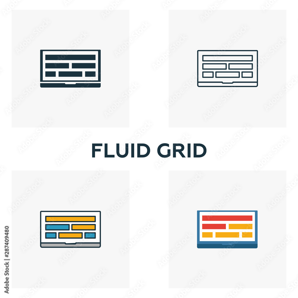 Fluid Grid icon set. Four elements in diferent styles from design ui and ux icons collection ...