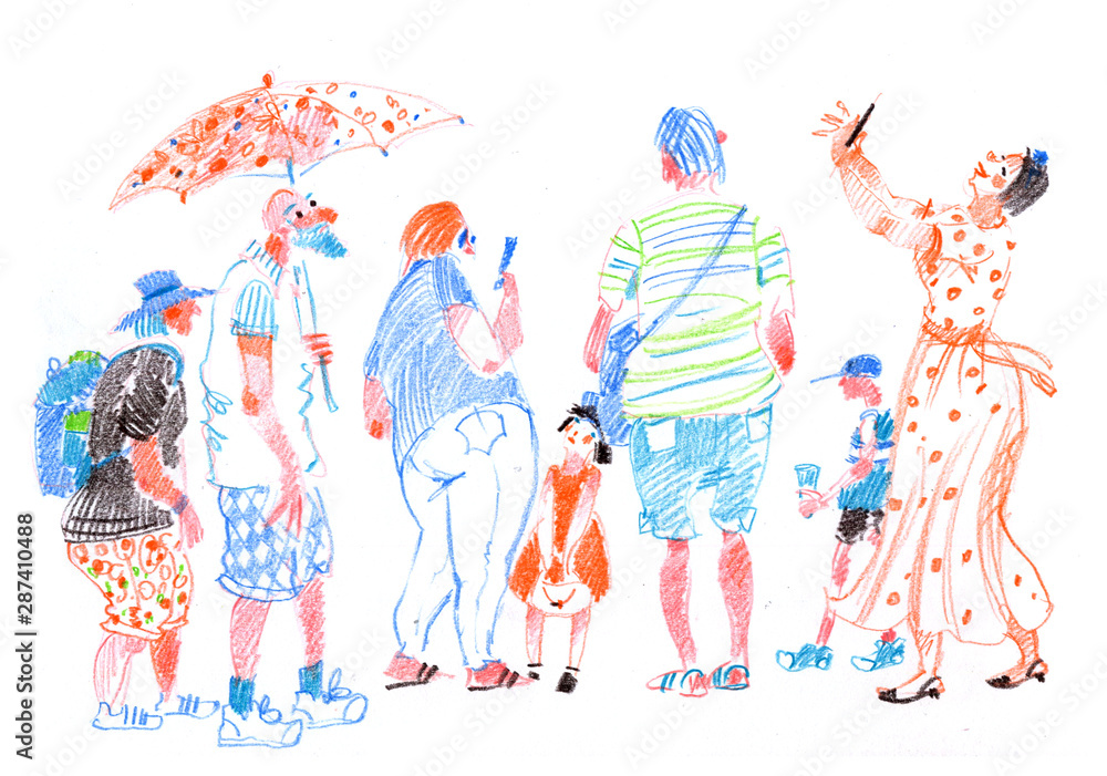 Ilustración de Stock People, crowd, crayon drawing, sketch | Adobe Stock