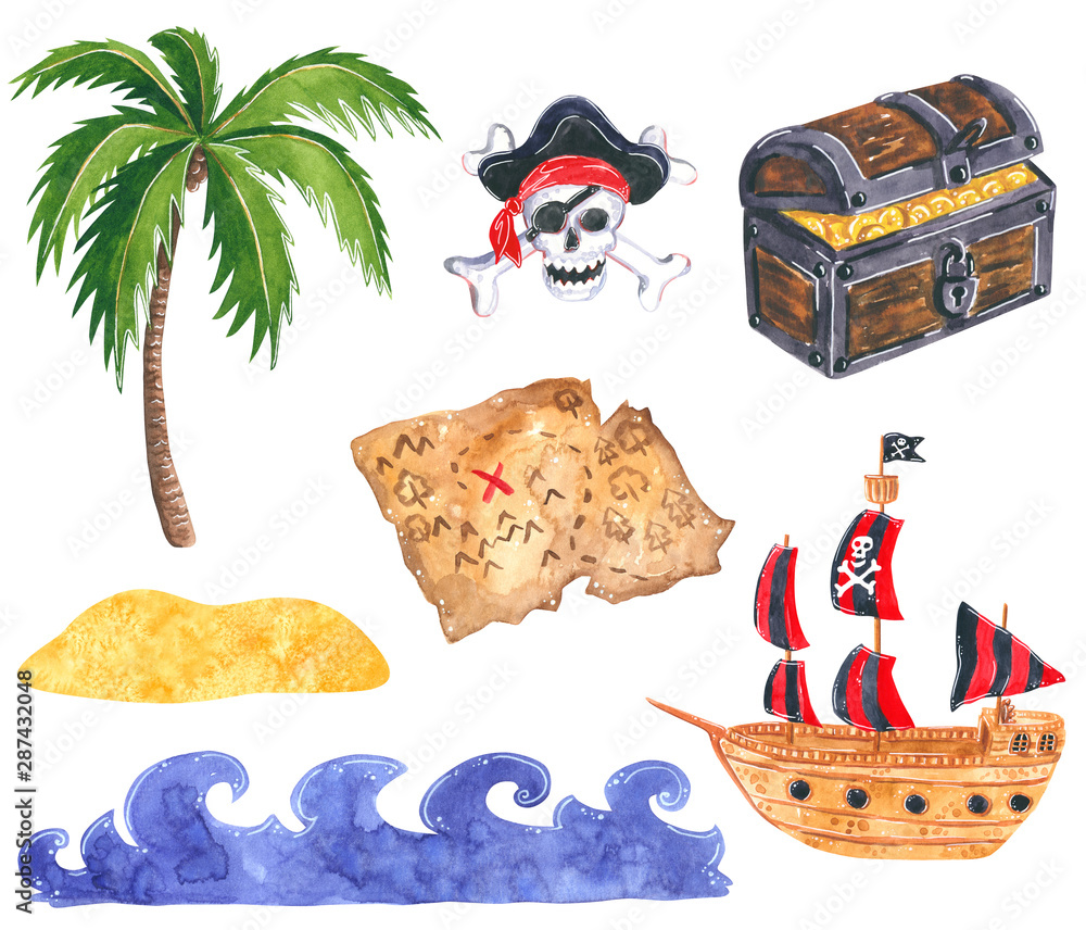Set of pirate clipart. Pirate ship, treasure chest with gold coins ...