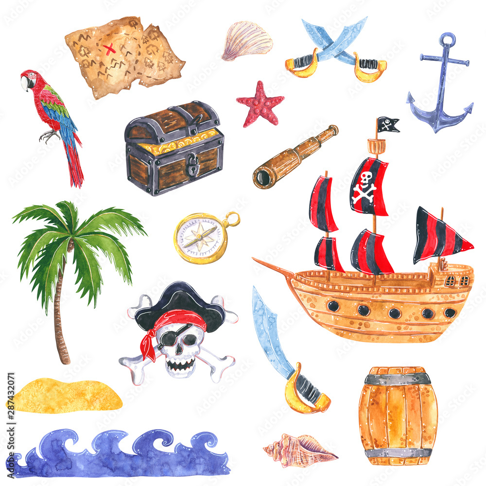 Set of pirate clipart. Pirate ship, anchor, treasure chest with gold ...