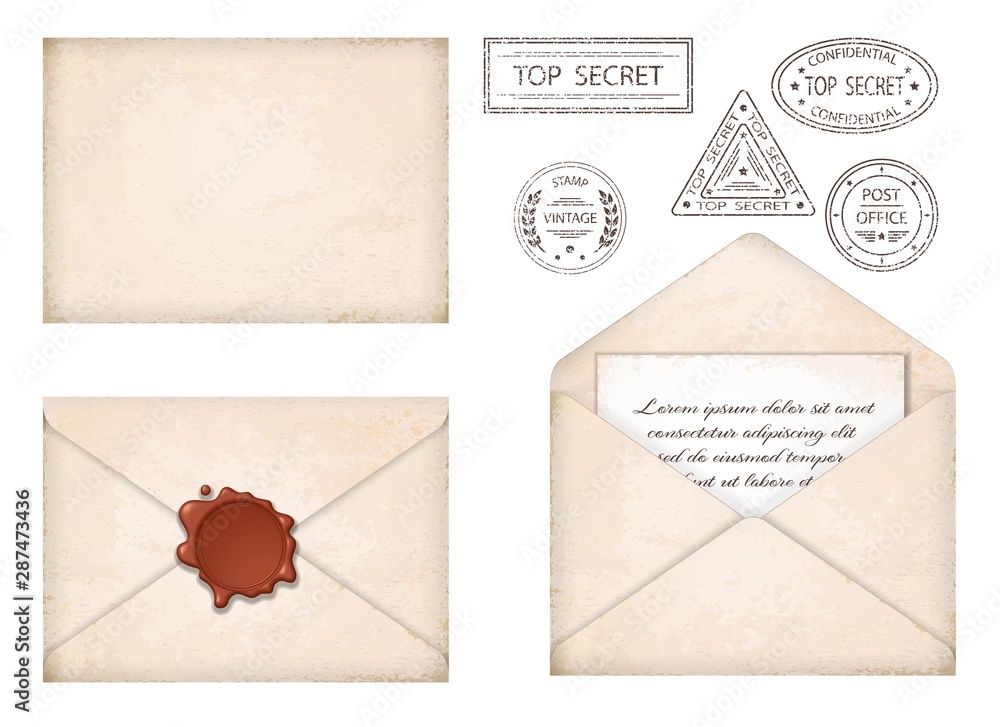 Vintage envelope. Letter with wax seal and stamps. Old grunge paper ...