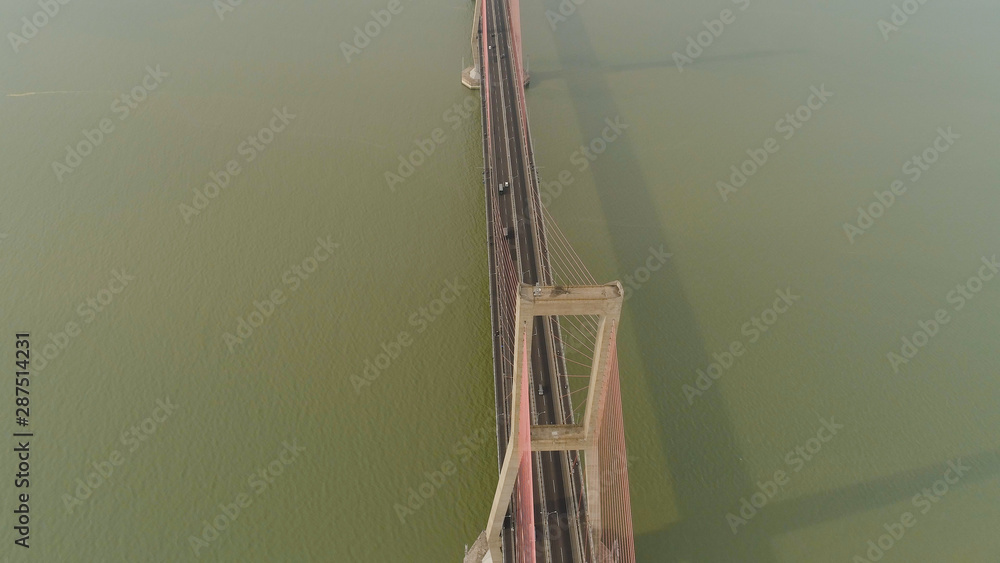 aerial view suspension cable bridge Suramadu over madura strait ...