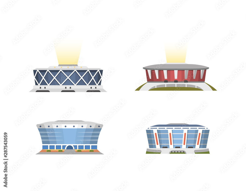 Sport stadium front view vector collection in cartoon style. City arena ...