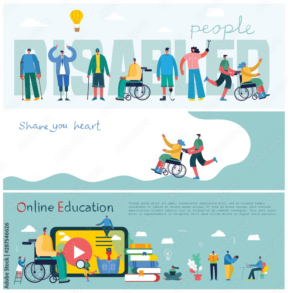 Vector background with disabled people, young invalid persons and men ...