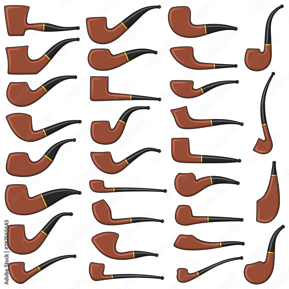 Set of color illustrations with smoking pipes of different shapes and ...