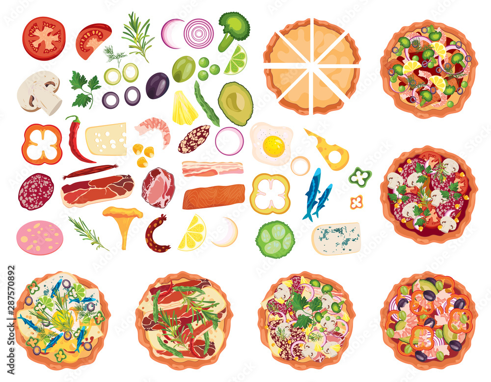 Designer for pizza. Design pizza set. Making pizza. Pizza items ...
