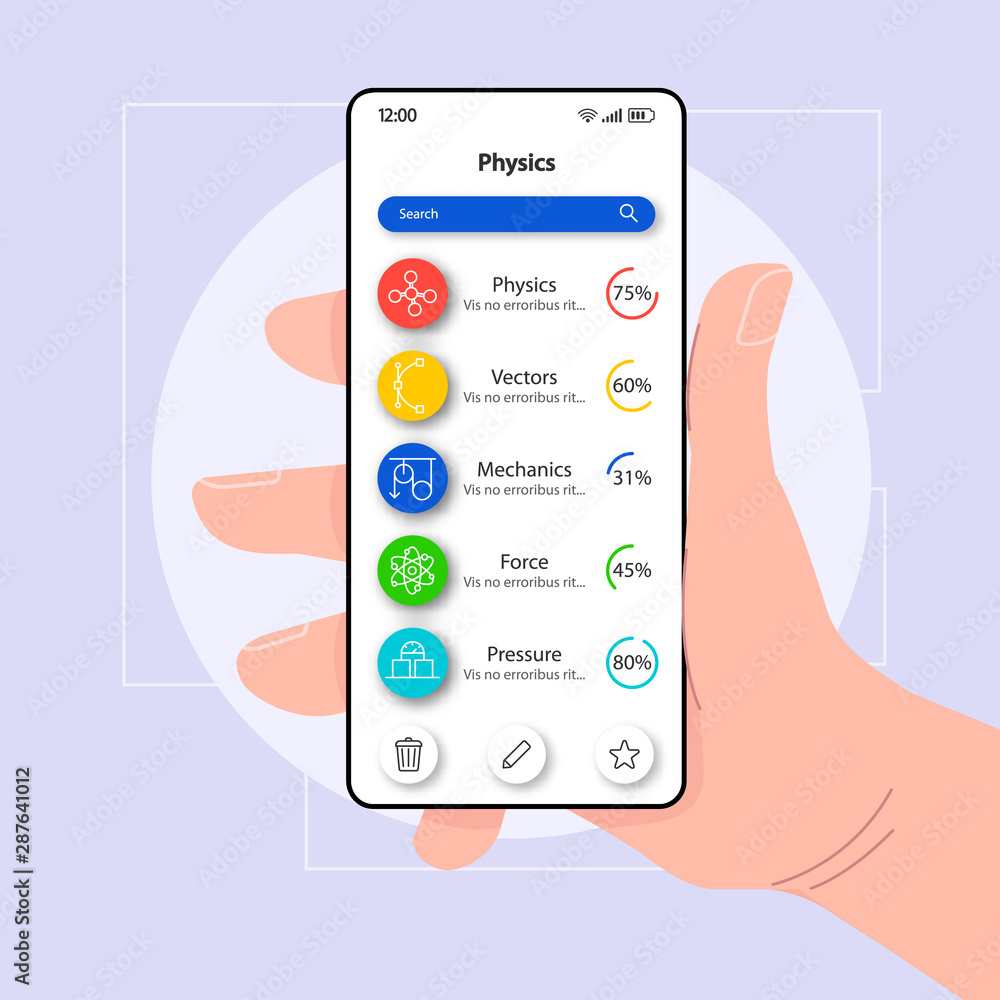 Physics categories smartphone interface vector template. Mobile app ...