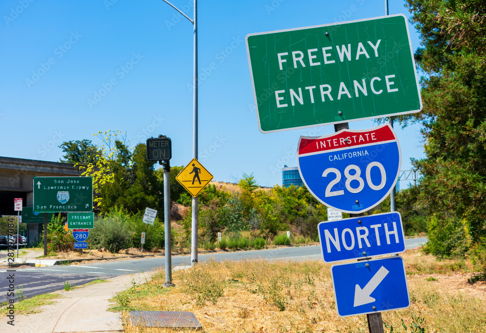 Freeway 280 entrance sign, turned off ramp meter sign, pedestrian ...
