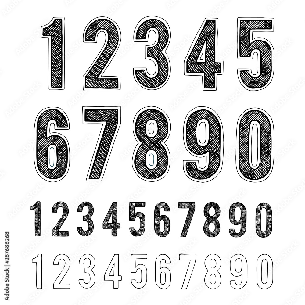 Numbers. Hand drawn vector numbers. Sketch drawing numbers. Part of set ...