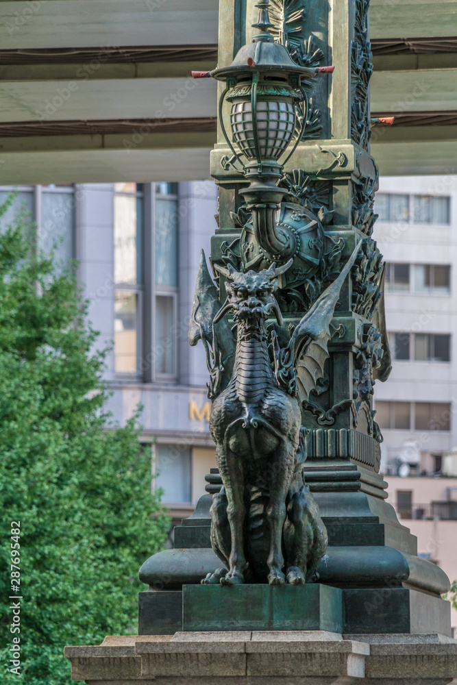 (Kirin) dragon shaped sculpture at Nihonbashi bridge, Tokyo. Starting ...