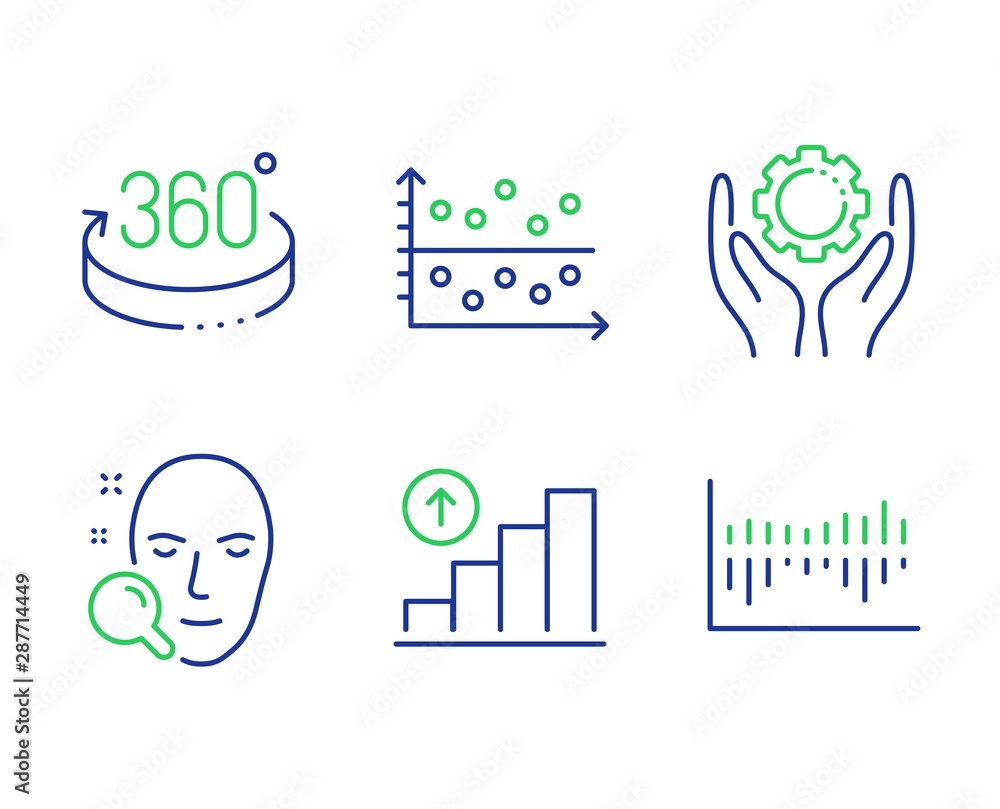 Dot plot, 360 degrees and Face search line icons set. Employee hand ...