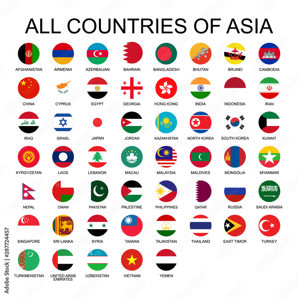 Vector illustration all flags of Asia. All countries of Asia, round ...