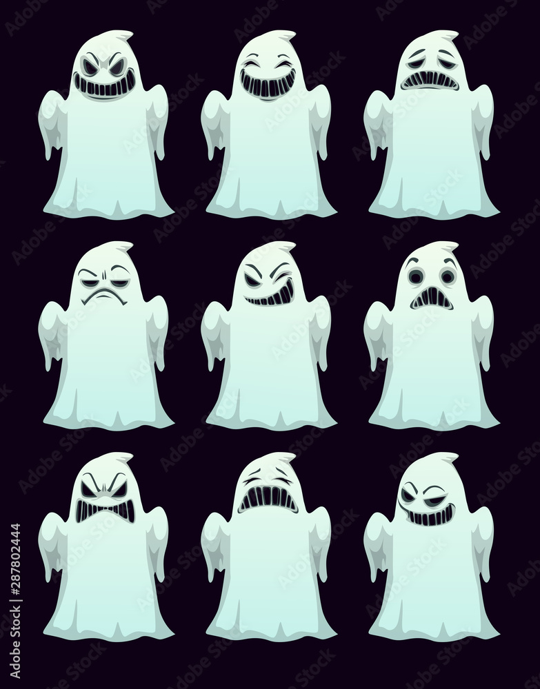 Cartoon spooky ghosts with different emotions. Halloween stickers set ...