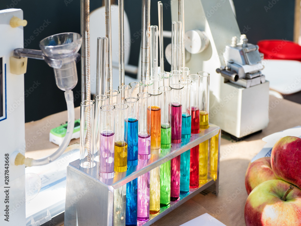 Tests for the determination of nitrates in the fruit crop. Test tubes ...