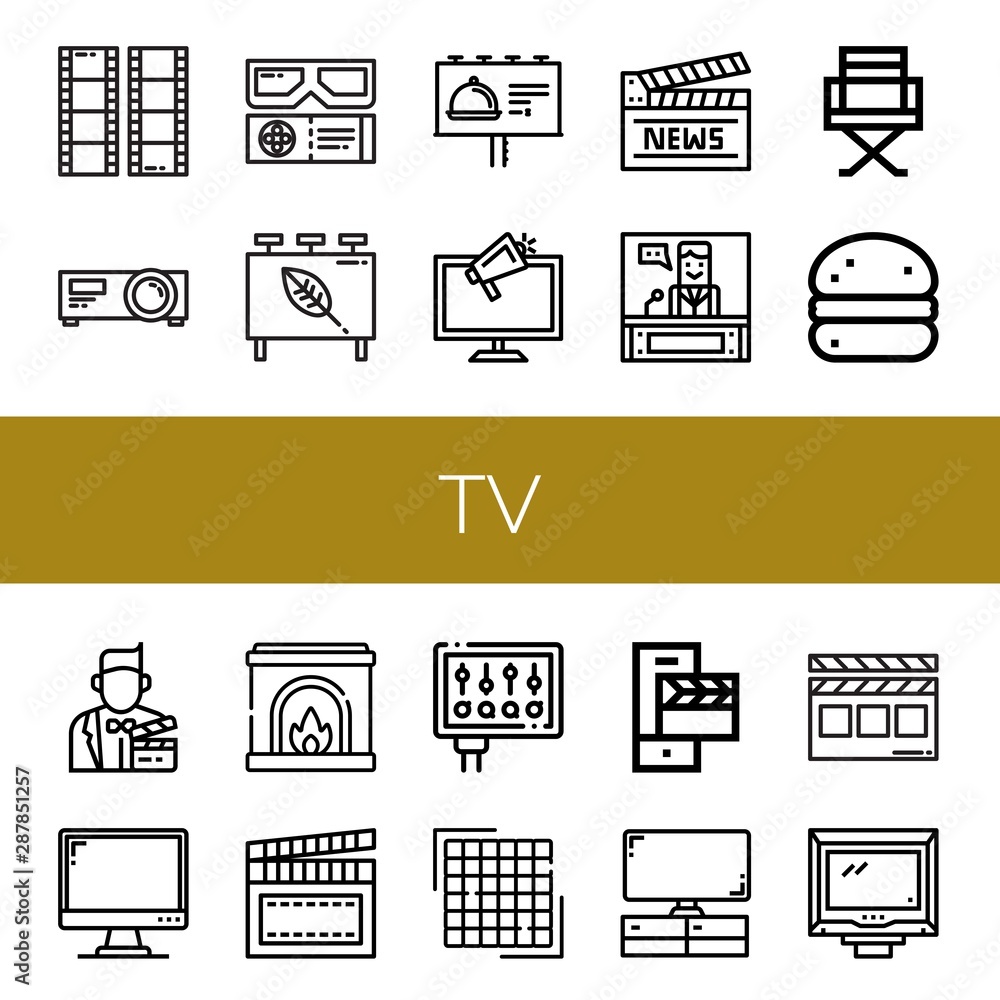 Set of tv icons such as Film, Projector, d movie, Billboard, Ads ...