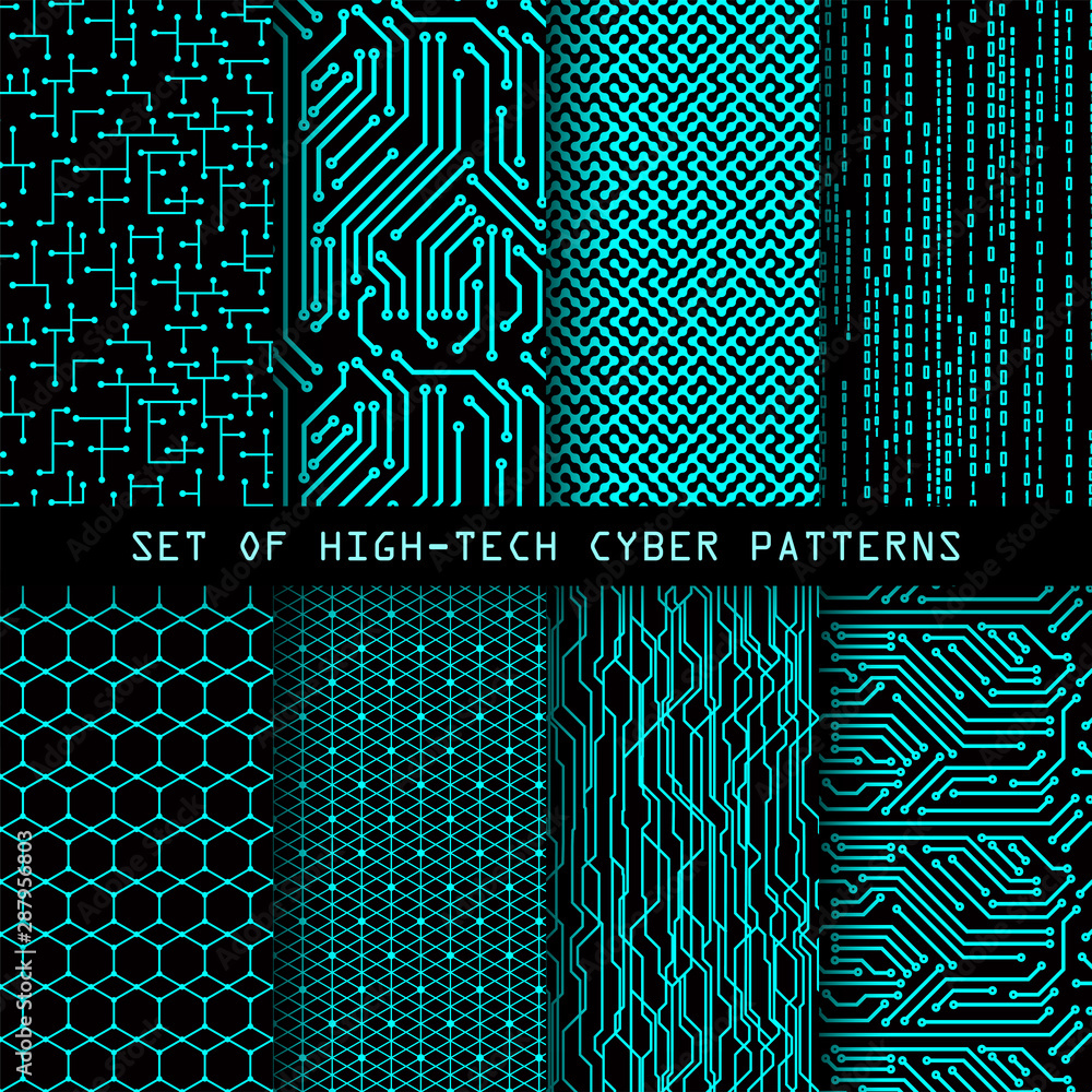 Set of seamless cyber patterns. Circuit board texture. Digital high tech style vector ...
