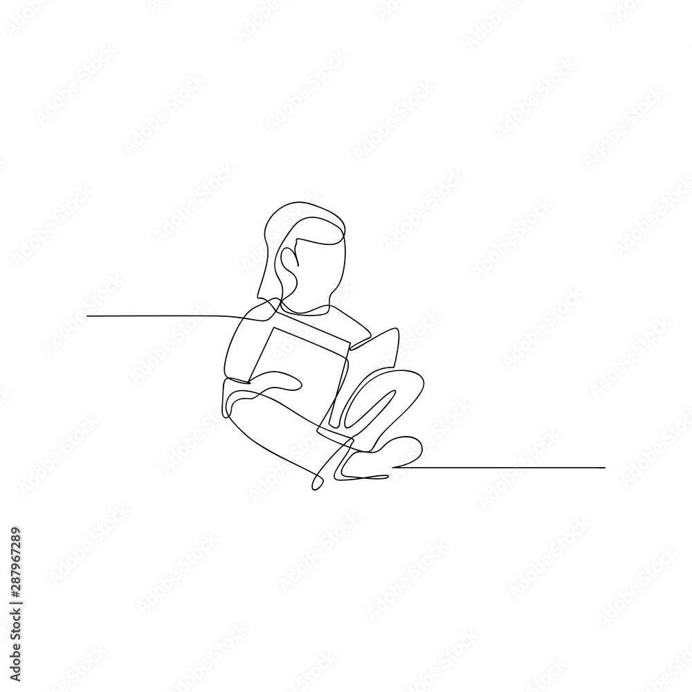 continuous line drawing of little girl reading book. isolated sketch ...