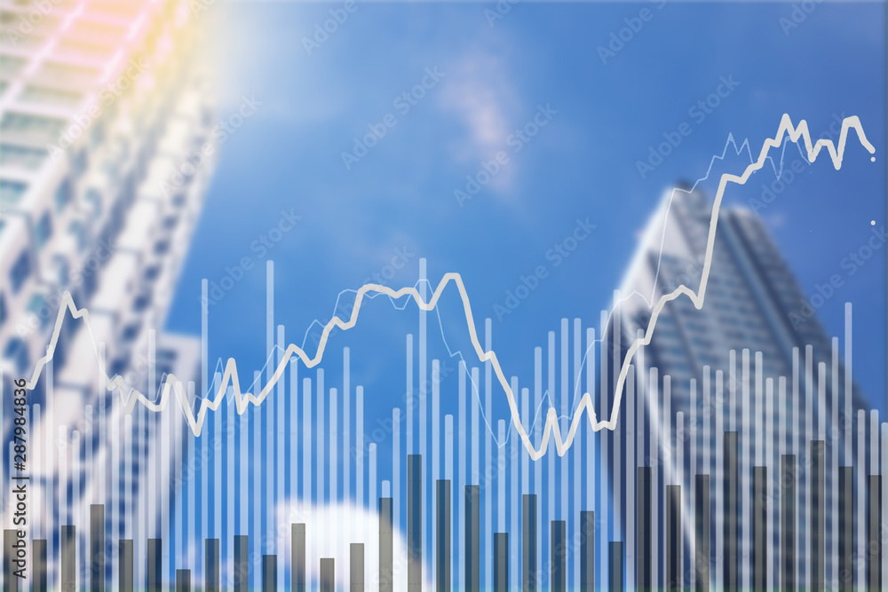 Stock market graph with volume indicator in modern business Skyscraper ...