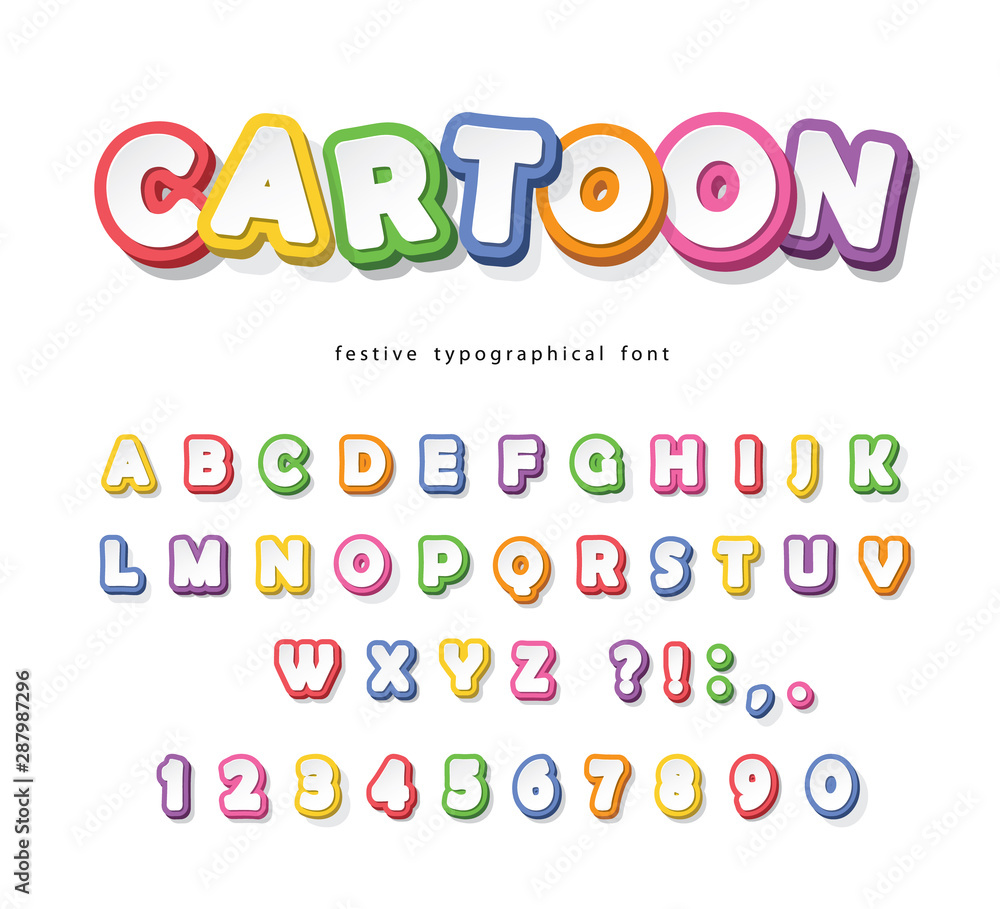 Cartoon bright font for kids. Paper cut out ABC letters and numbers ...