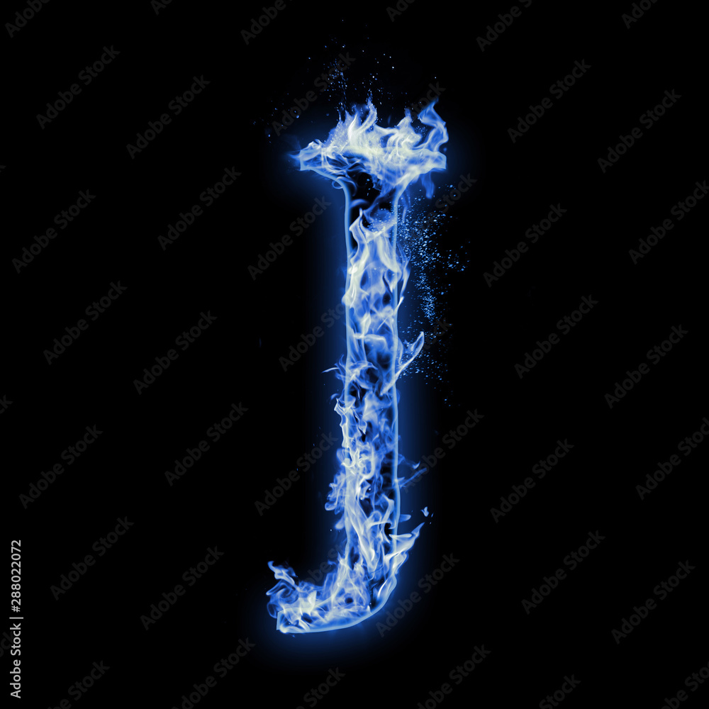 Letter J. Blue fire flames on black isolated background, realistic fire ...