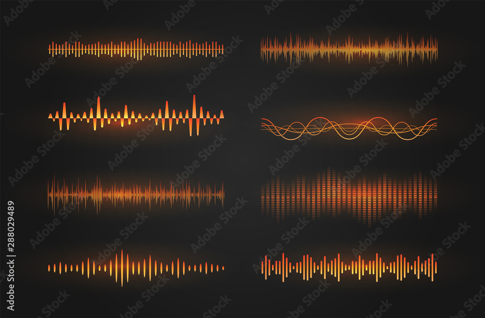 Sound waves icon set. Luminous lines depicting a sound or radio wave ...