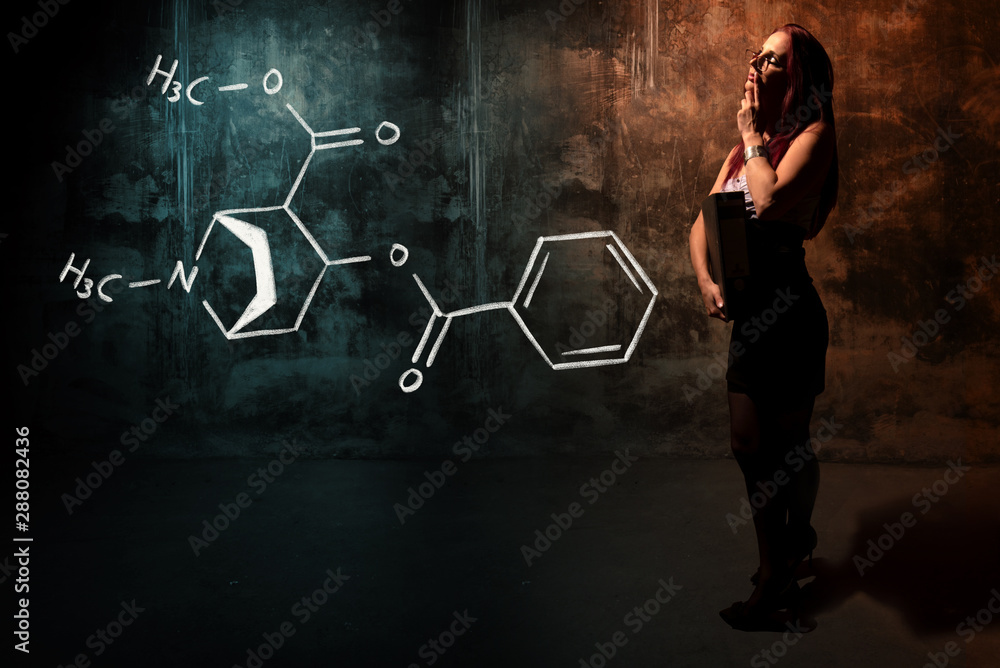 Sexy girl or secretary or female student presenting handdrawn chemical ...