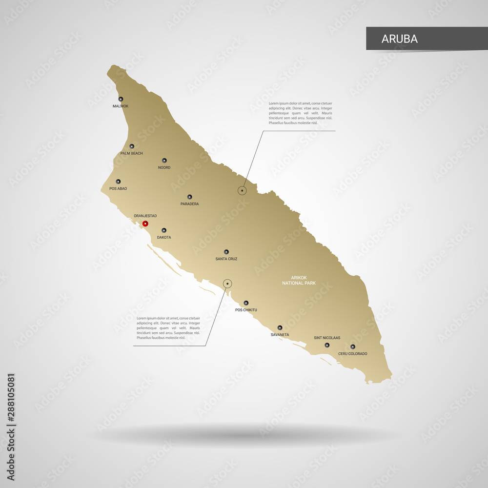 Stylized vector Aruba map. Infographic 3d gold map illustration with ...