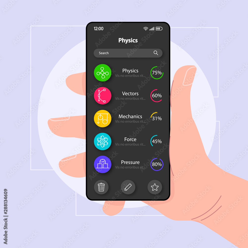 Physics tutorial smartphone interface vector template. Mobile app page ...
