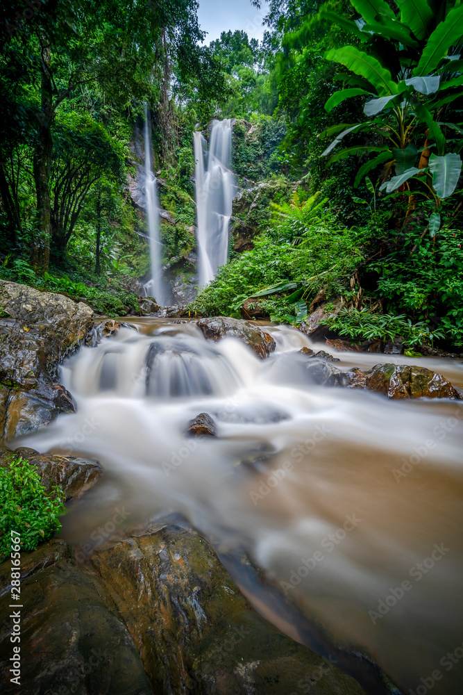 Mork fa Waterfall, Double Waterfal in deep forest at Doi Suthep Pui ...