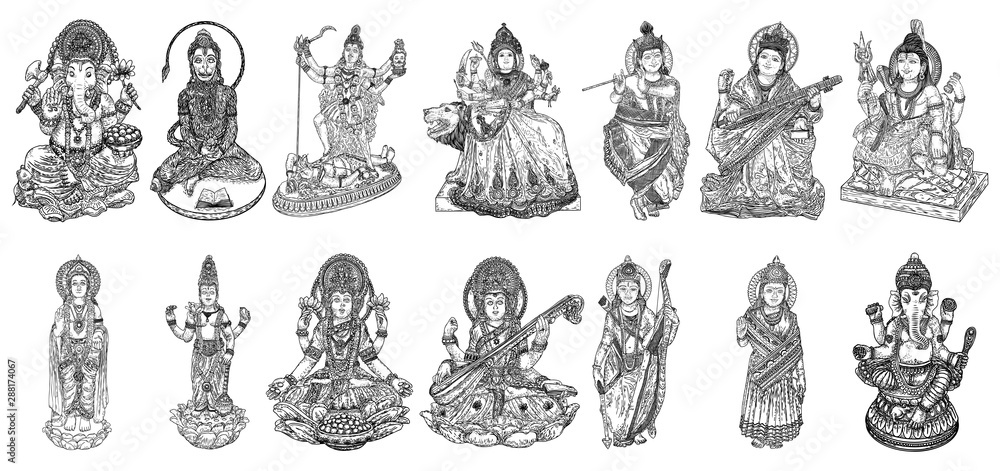 Set of Gods for Indian festival, Goddess Durga, Lord Rama and Hanuman ...