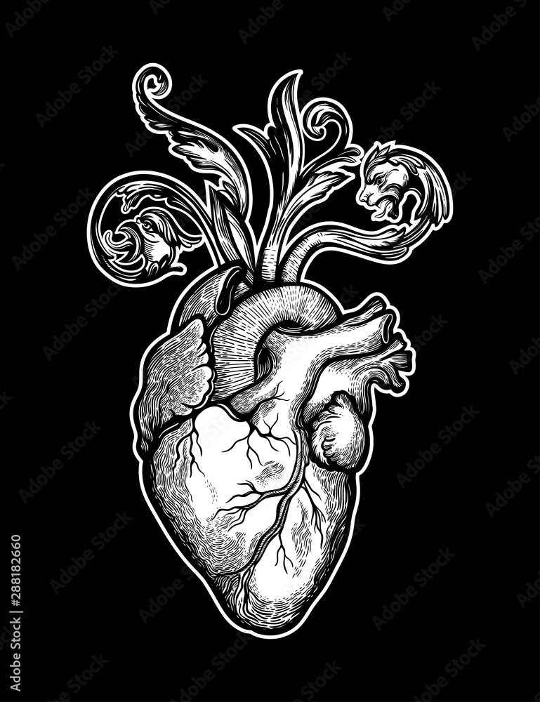 Naturalistic heart in a frame of flowers and thorns.Vintage gothic ...