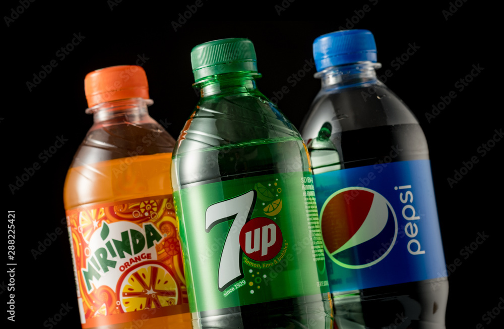 MINSK, BELARUS, APRIL 5, 2018: Plastic Bottles of Pepsi, Mirinda and ...