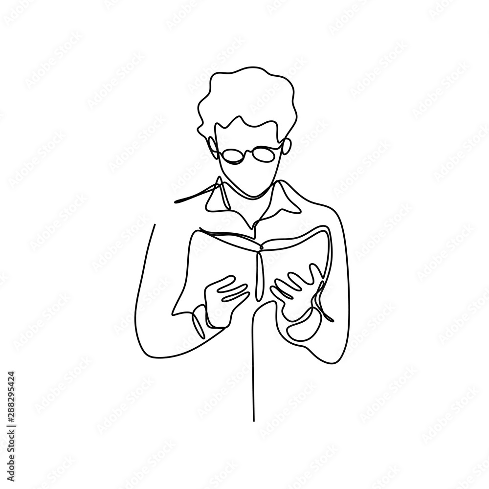 Continuous one line drawing teenager man reading book vector ...