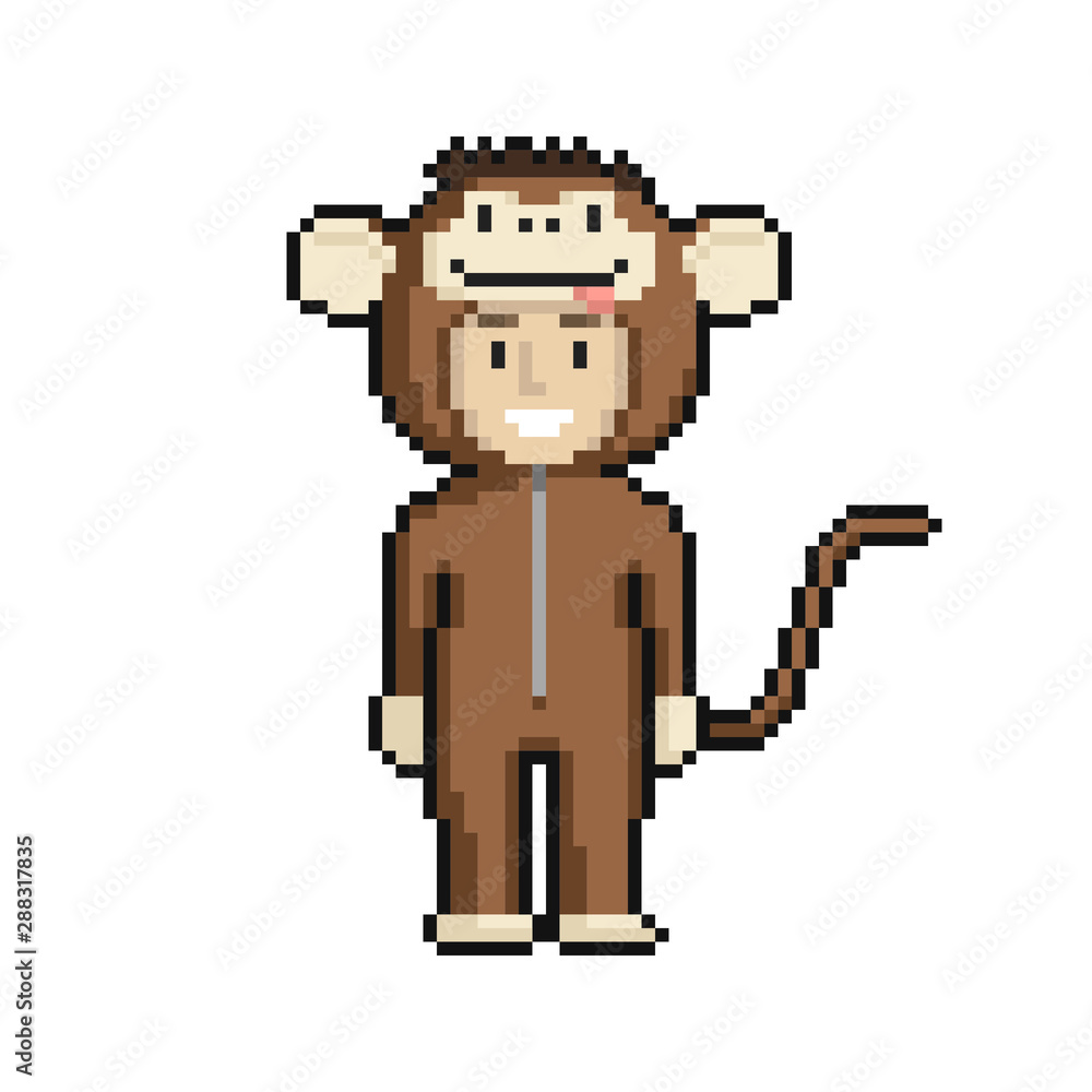 Сute cartoon kid in monkey costume. Pixel art on white background ...