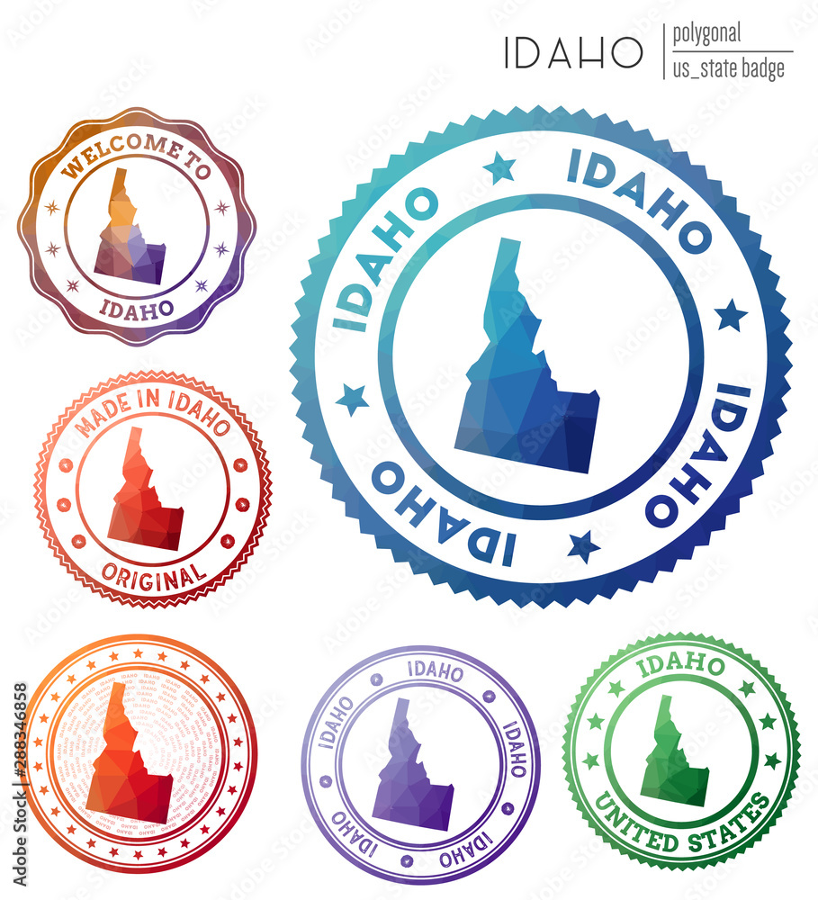 Idaho badge. Colorful polygonal US state symbol. Multicolored geometric ...