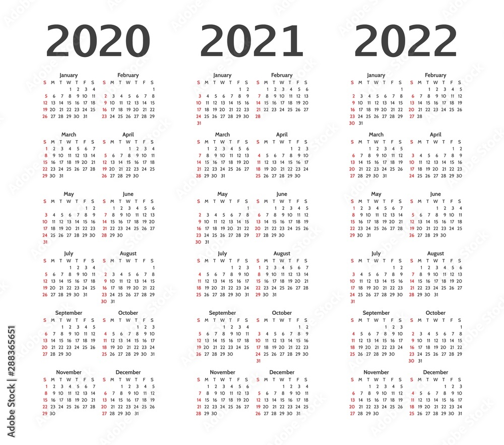 Simple calendar layout for 2020, 2021, 2022 years. Week starts from ...